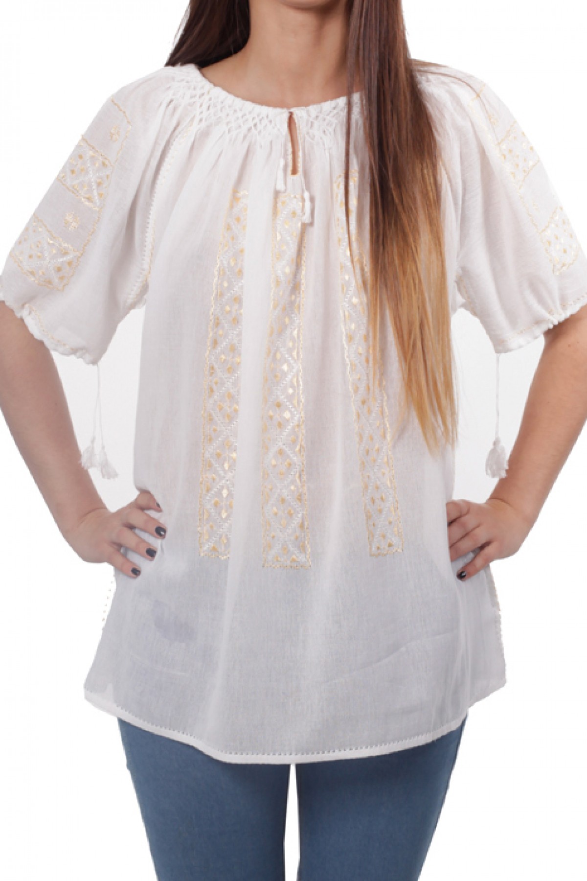 Ie maneca scurta Alina bluza traditionala brodata manual cu fir de ...